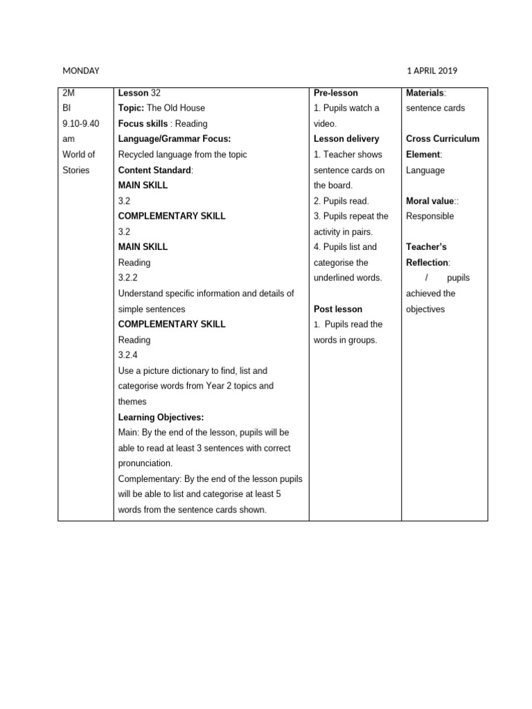 Reading Lesson Plan: The Old House | PDF | Curriculum | Teachers