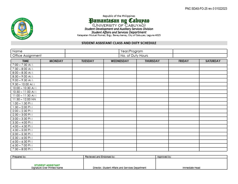 PNC SDAS-FO-25 Student Assistant Class and Duty Schedule (20230110141143) | PDF