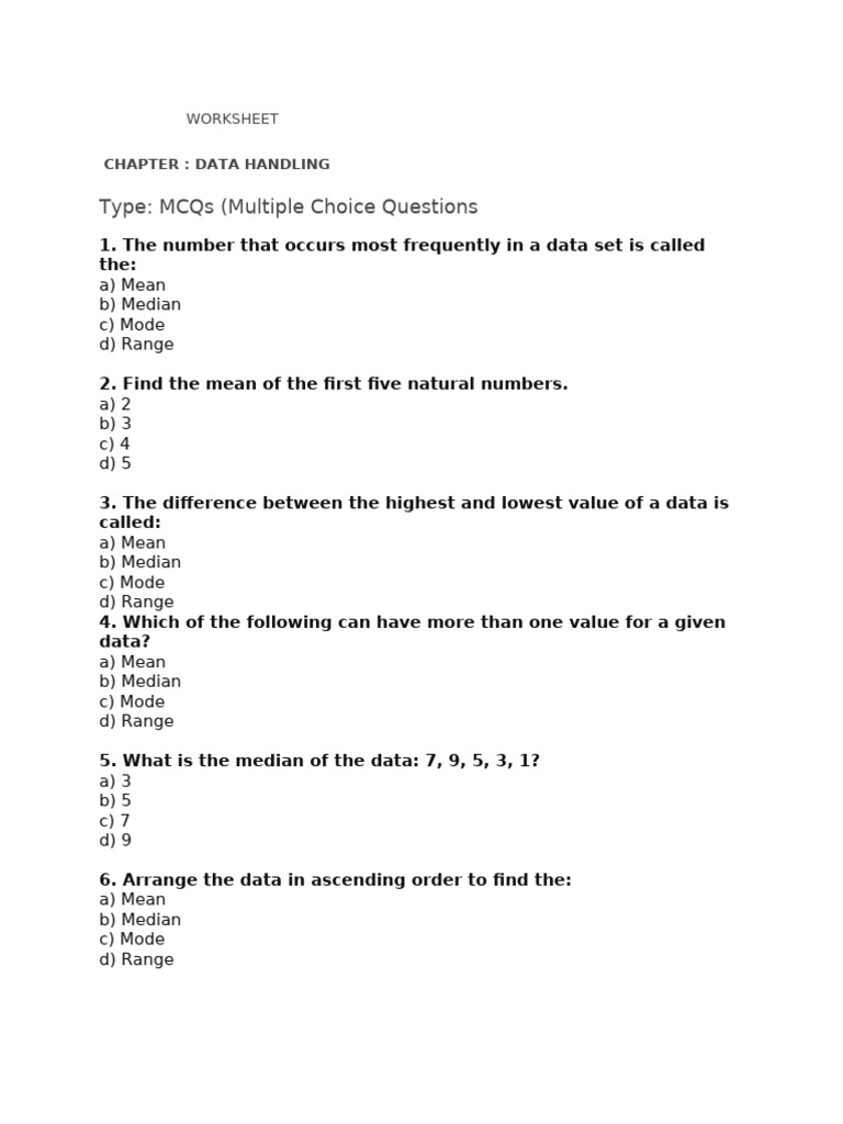 Data Handling MCQs Worksheet | PDF