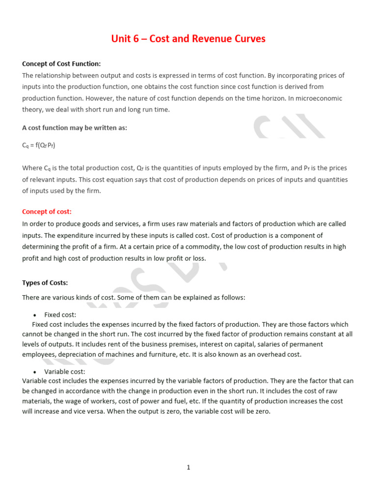 BBS 1st year Unit 6 - Cost and Revenue Curves pdf | PDF | Average Cost ...