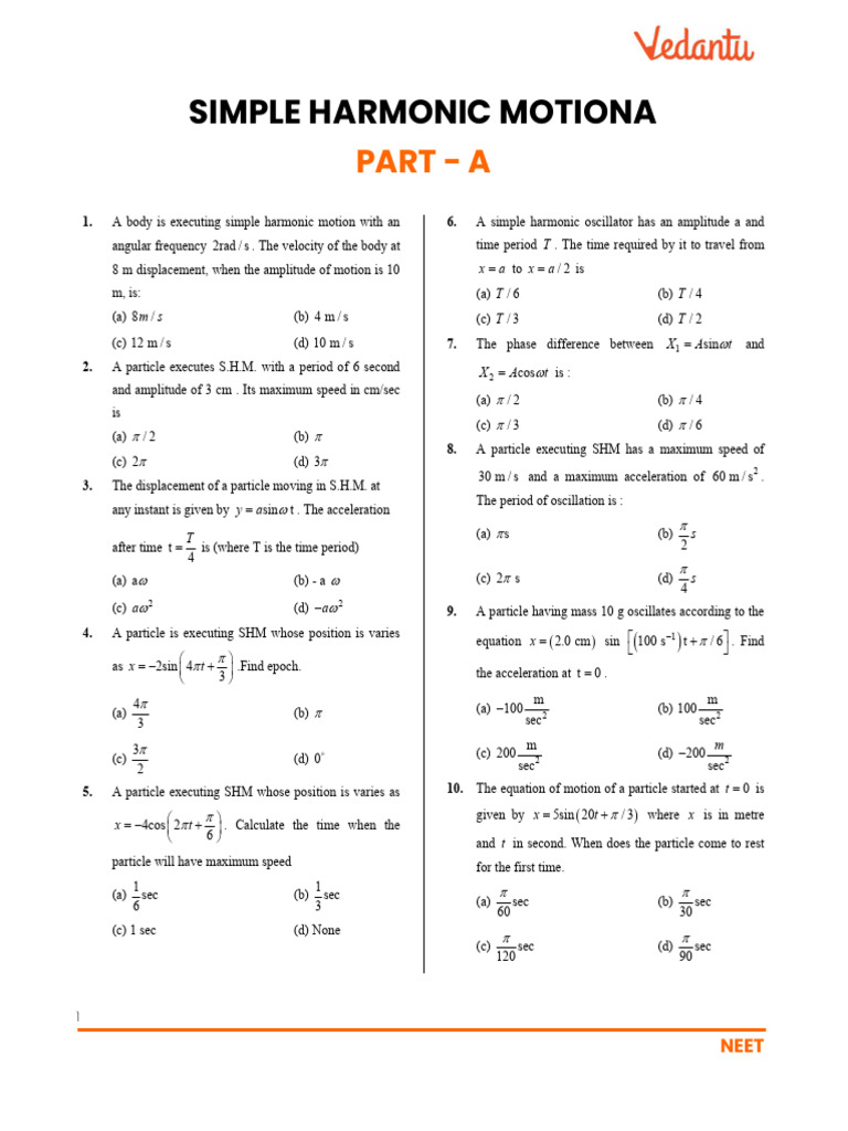NEET Simple Harmonic Motion Questions | PDF | Oscillation | Acceleration