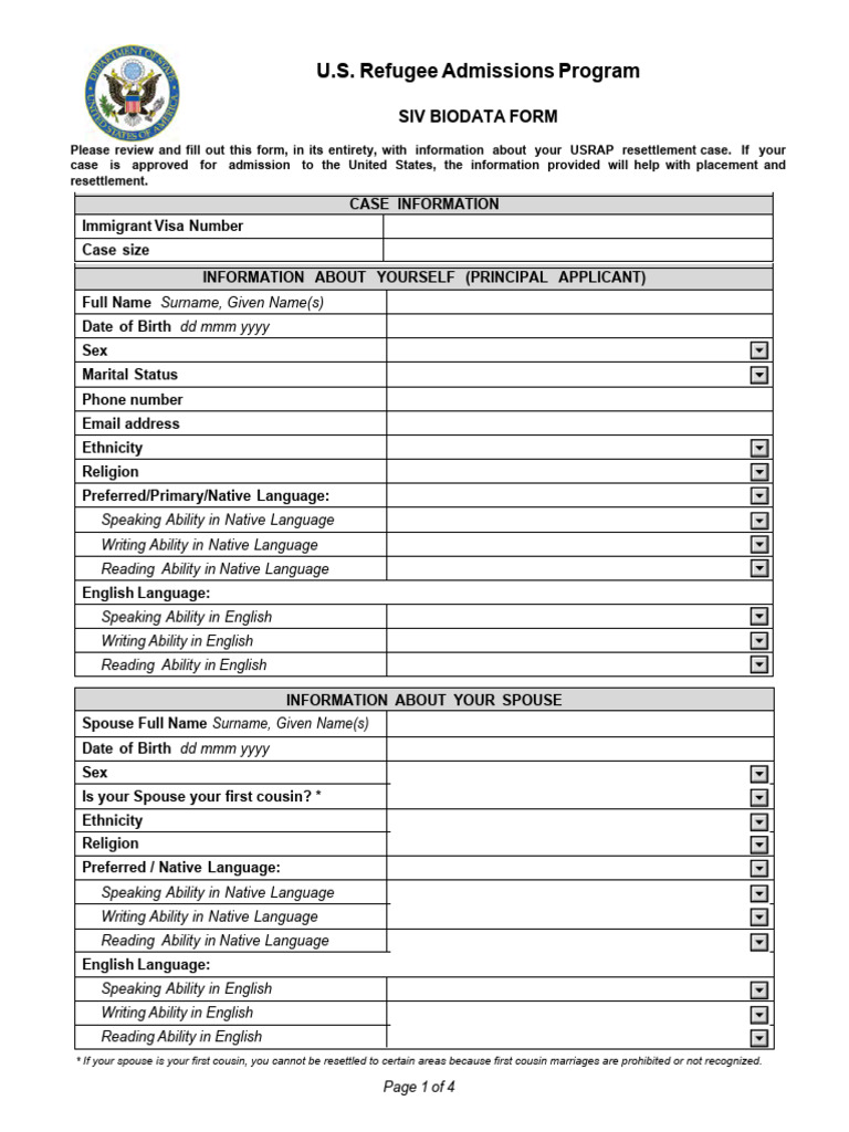 SIV Biodata Form for U.S. Refugee Admissions | PDF | Diseases And ...