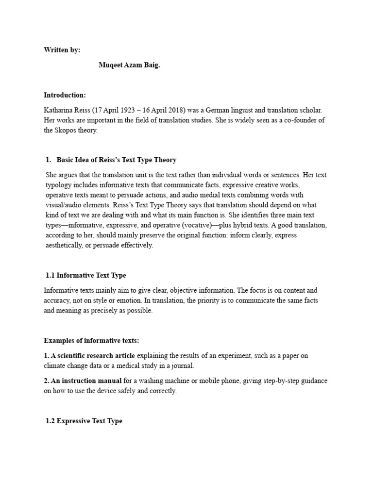 Reiss's Text Type Theory in Translation | PDF | Translations ...