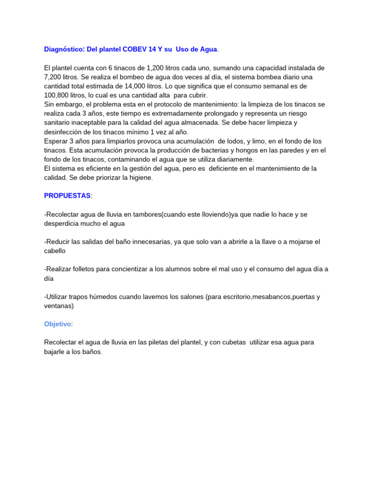 Diagnóstico- Del Plantel COBEV 14 Y Su Uso de Agua | PDF | Agua ...