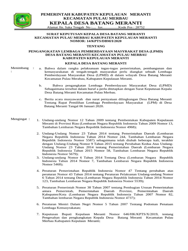 SK Pengangkatan LPMD Desa Batang Meranti | PDF