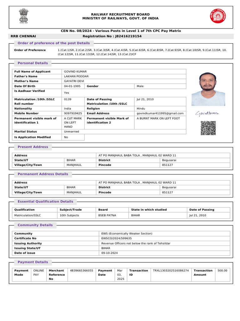 Order of Preference of The Post Details: Railway Recruitment Board ...