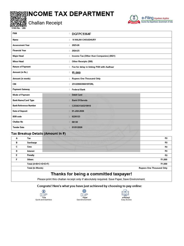 Income Tax Challan Receipt for PAN-Aadhaar Link | PDF | Payments | Taxation