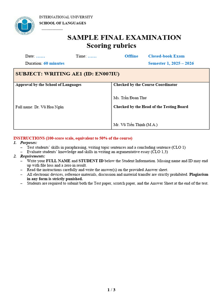 AE1 Writing Final Sample Test (since 2526S1) - Scoring rubrics | PDF ...
