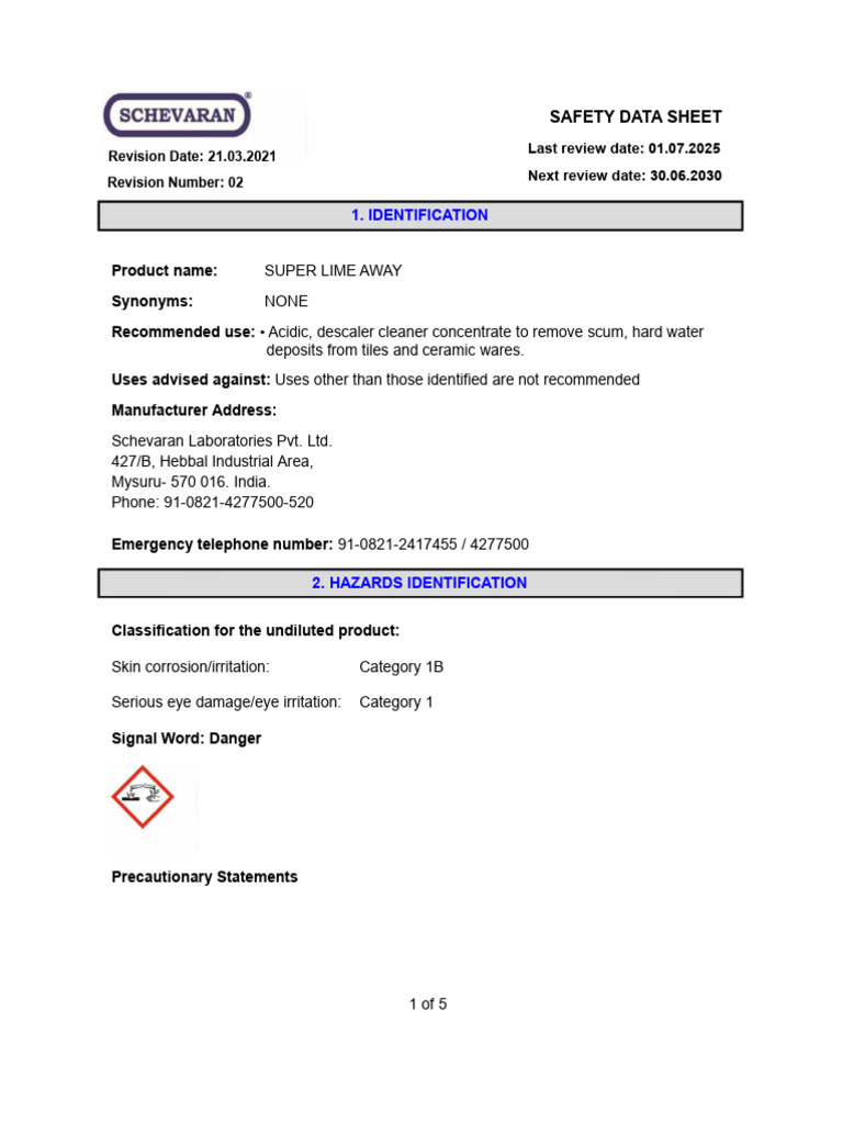 Super Lime Away Safety Data Sheet | PDF | Occupational Safety And ...