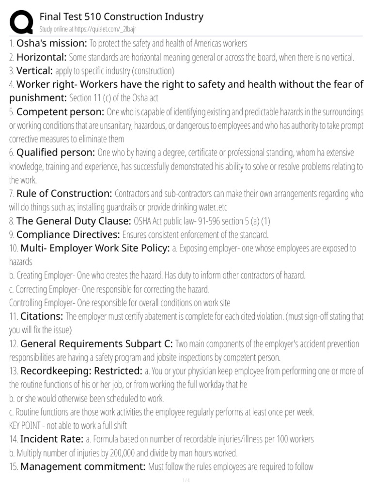 Final Test 510 Construction Industry | PDF | Occupational Safety And ...