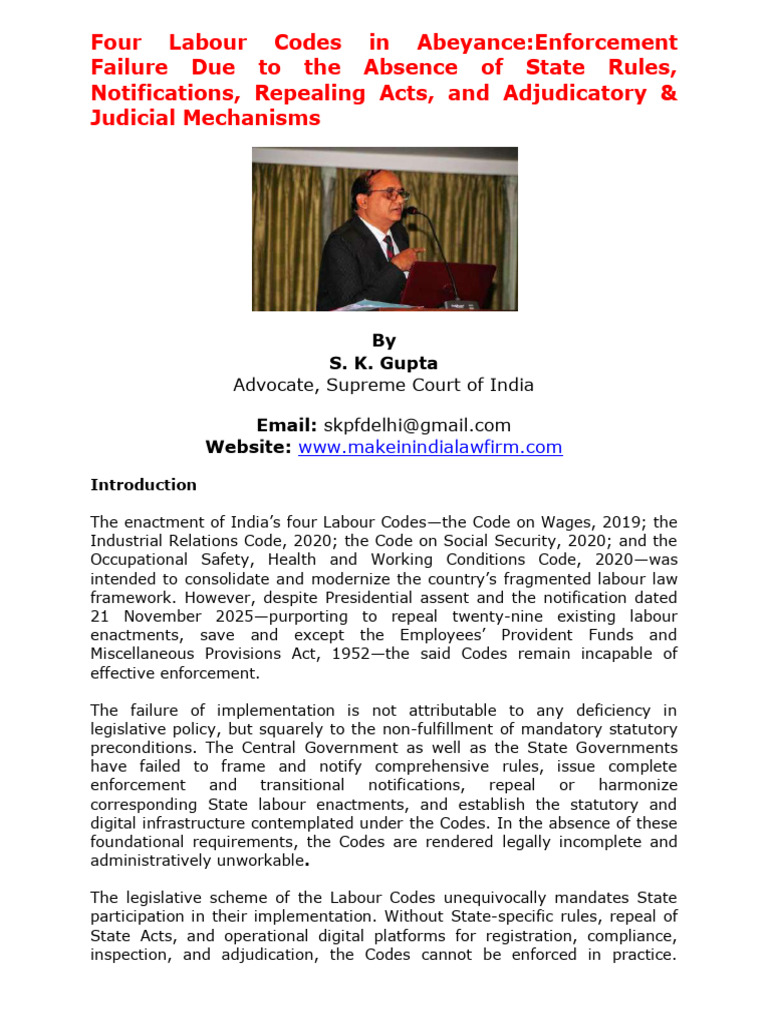 Article On Four Labour Codes in Abeyance PDF - Compressed | PDF ...