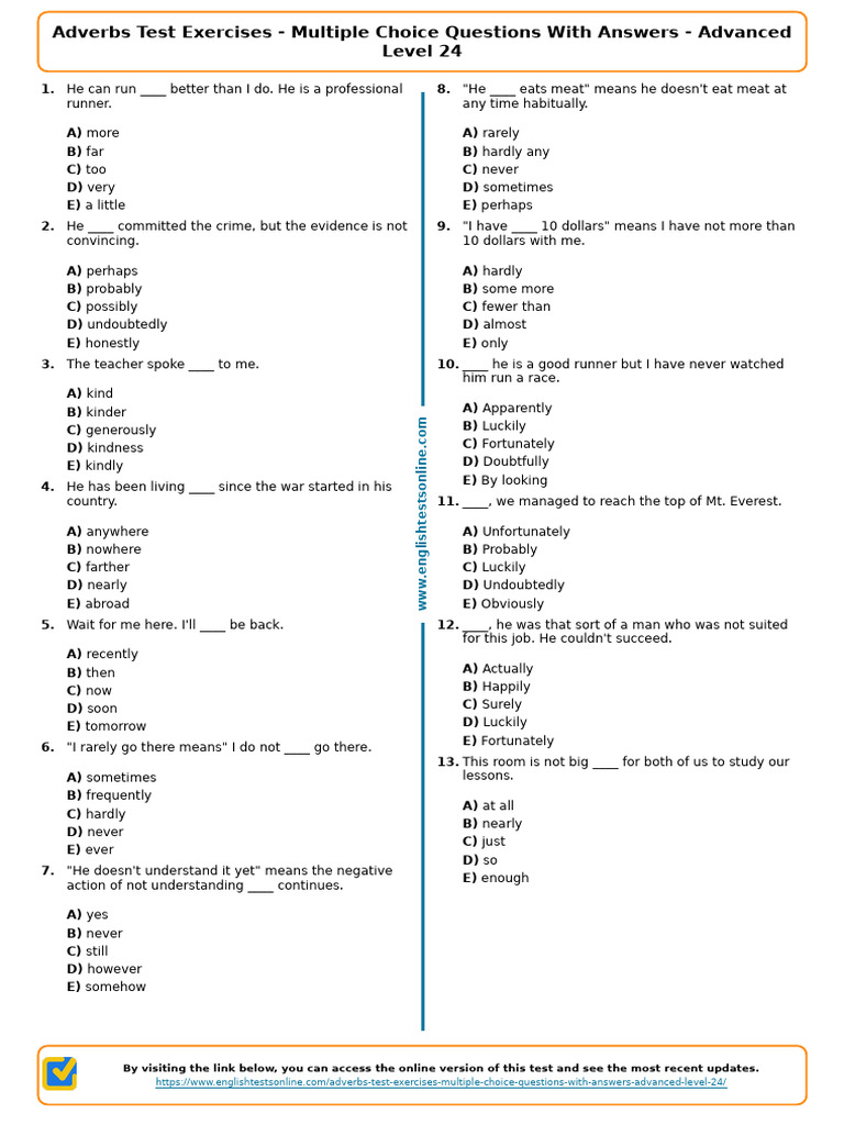 523 Adverbs Test Exercises Multiple Choice Questions With Answers ...