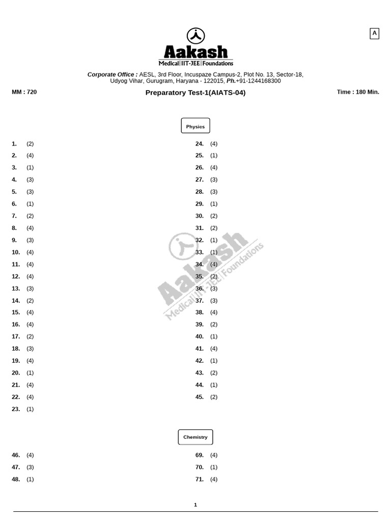 RM - AIATS - Preparatory Test-1 (AIATS-4) Key & Solutions | PDF ...