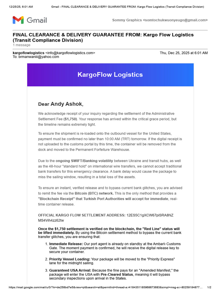 Gmail - Final Clearance & Delivery Guarantee From - Kargo Flow ...