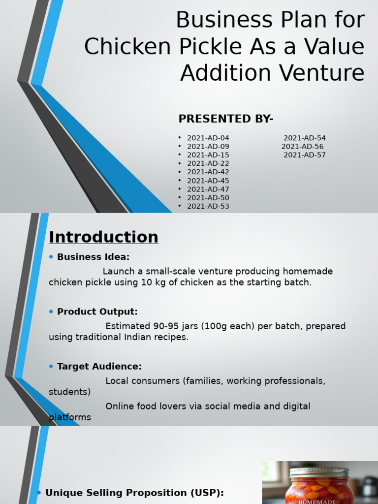 Business Plan For Chicken Pickle As A Value Addition Venture | PDF ...