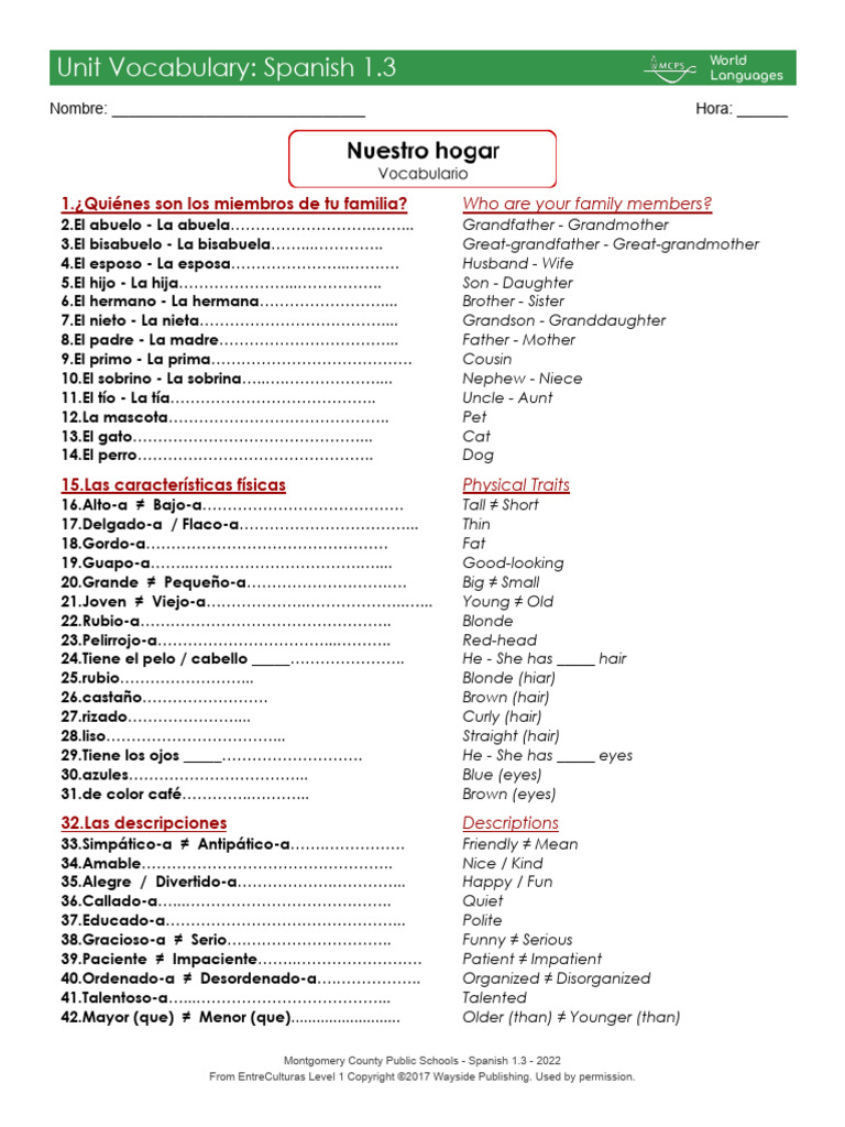 Spanish 1.vocabulary - Nuestro Hogar - Unit 1.3.spanish 2a.salzman | PDF