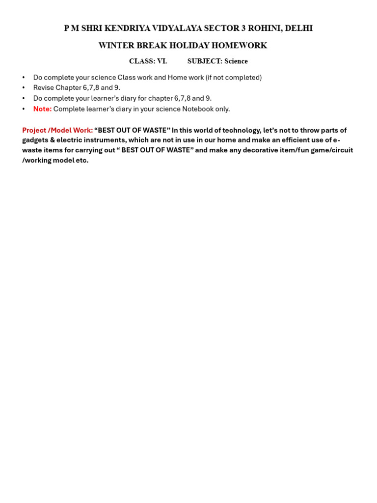 6th Science Holiday Homework | PDF