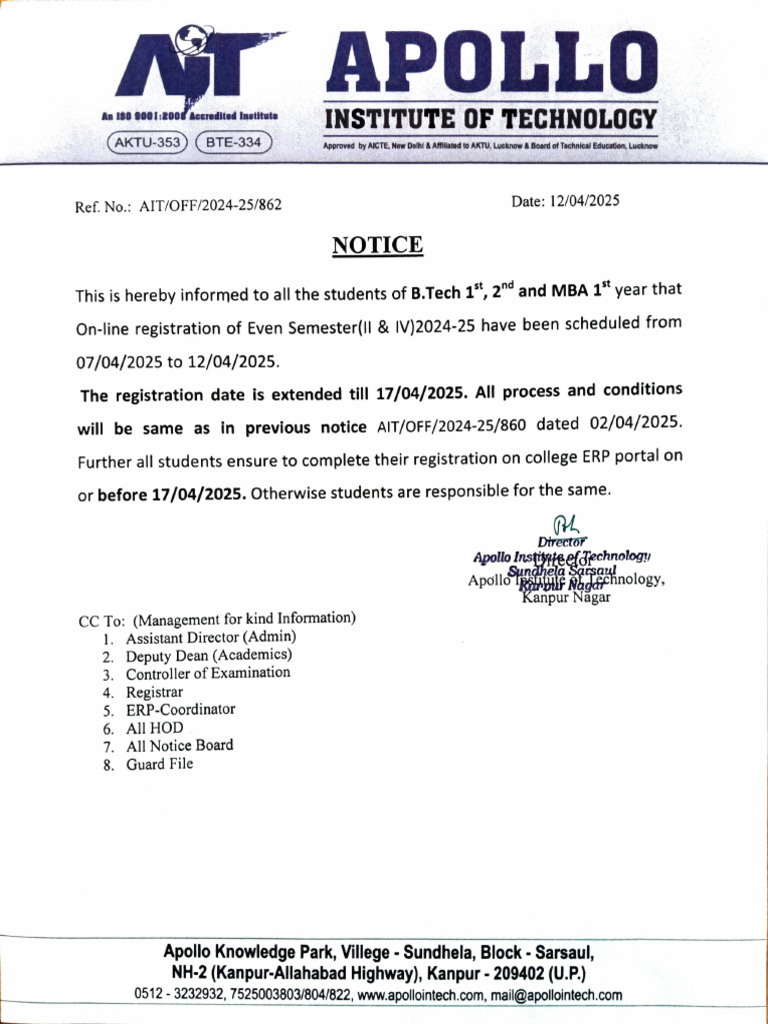 Notice Date Extended Registration 2024-25 | PDF
