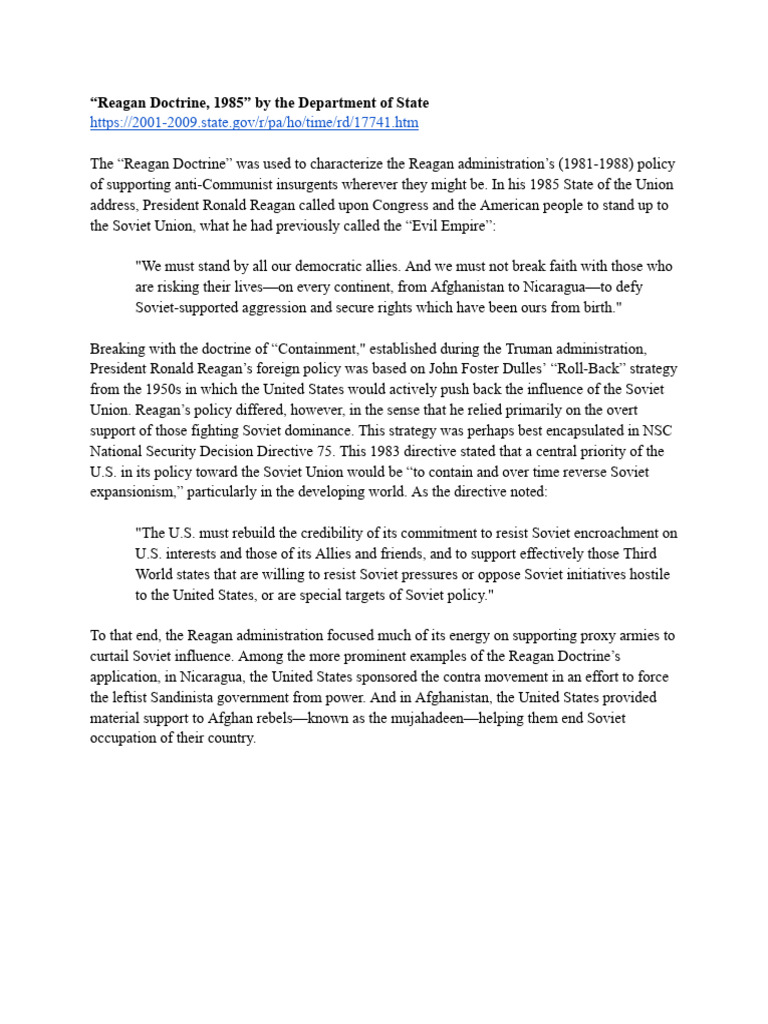 Unit4-"Reagan Doctrine, 1985" by The Department of State | PDF
