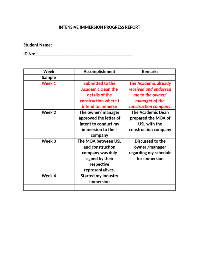 Intensive Immersion Progress Report | PDF