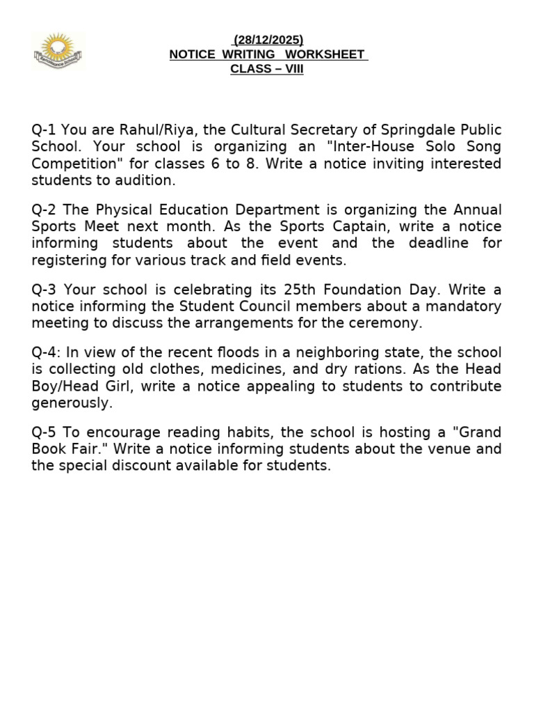 Notice Writing Worksheet Class - VIII | PDF