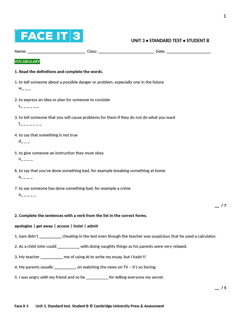 Vocabulary and Grammar Test for Students | PDF | Linguistics