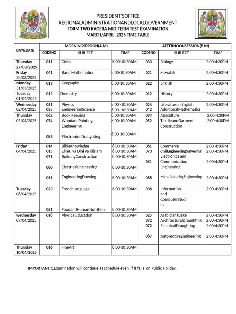 Form Two Monthly Timetable March 2025 | PDF