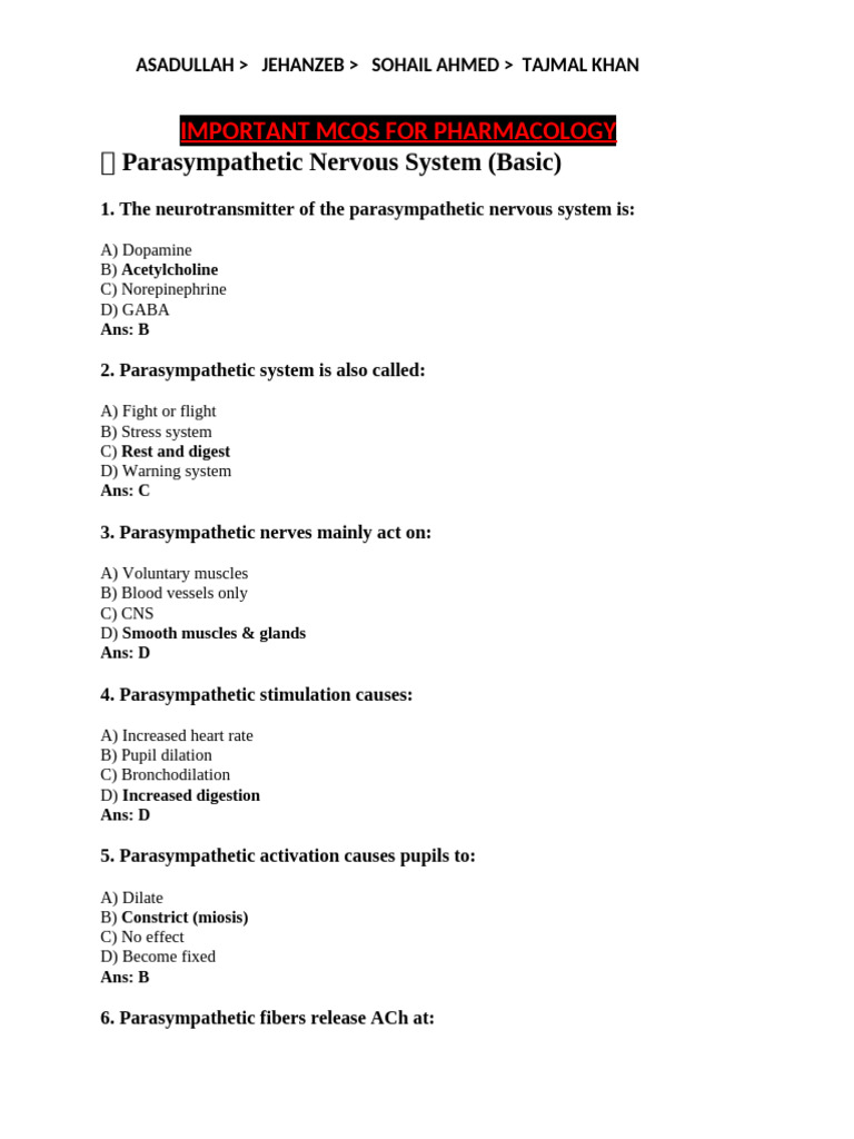 ? Parasympathetic Nervous System | PDF | Acetylcholine | Drugs Acting ...