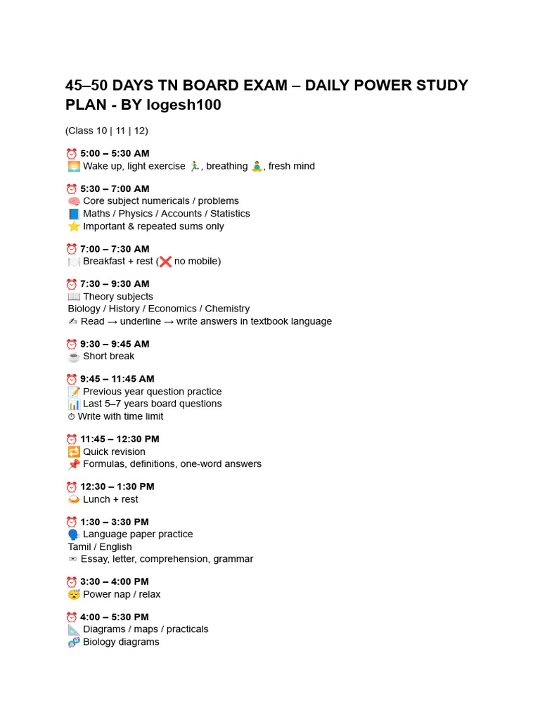 45-50 Days TN Board Exam - Daily Power Study Plan - by Logesh100 | PDF ...
