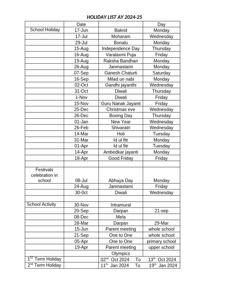 Holiday List AY 2024-25 | PDF
