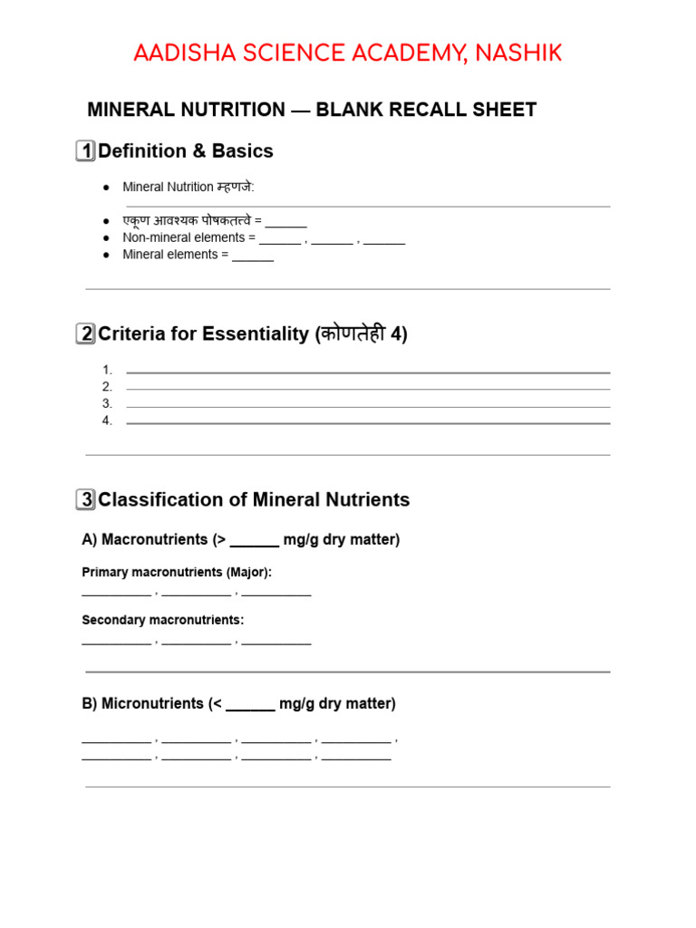 Mineral Nutrition - Blank Recall Sheet | PDF | Nutrients | Nutrition