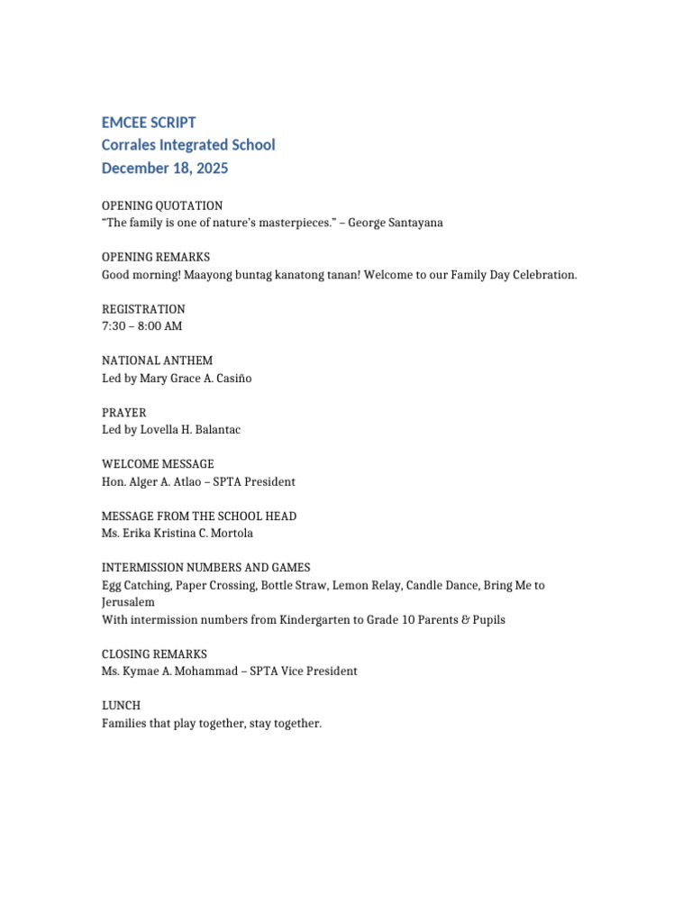 Family Day Emcee Script | PDF