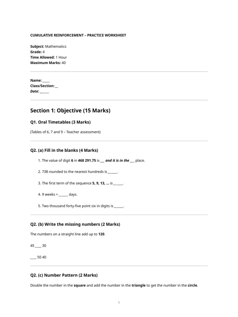 Grade 4 Math - Cumulative Reinforcement (New Worksheet) | PDF | Numbers ...