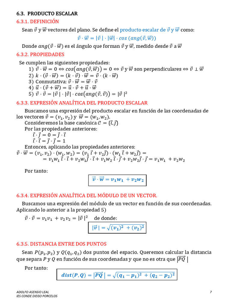 6.3. Producto Escalar | PDF | Vector Euclidiano | Escalar (Matemáticas)