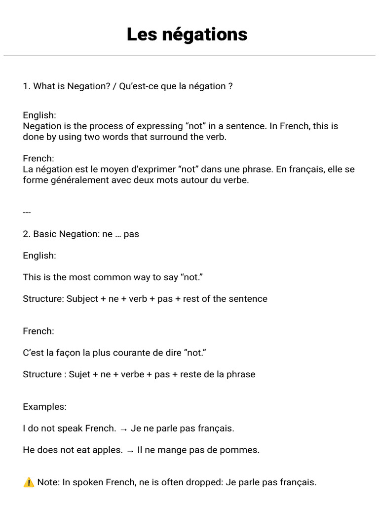 French Negation and Pronouns Guide | PDF | Question | Verb