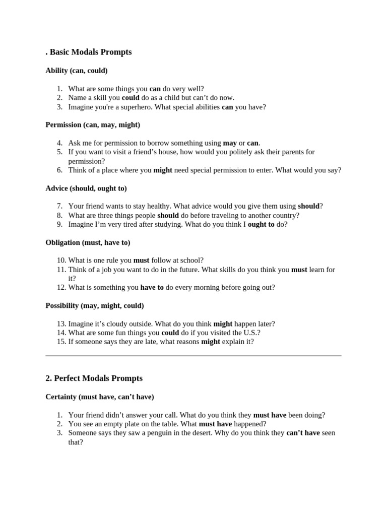 Basic Modals and Perfect Modals Prompts | PDF | Chess | Chess Theory