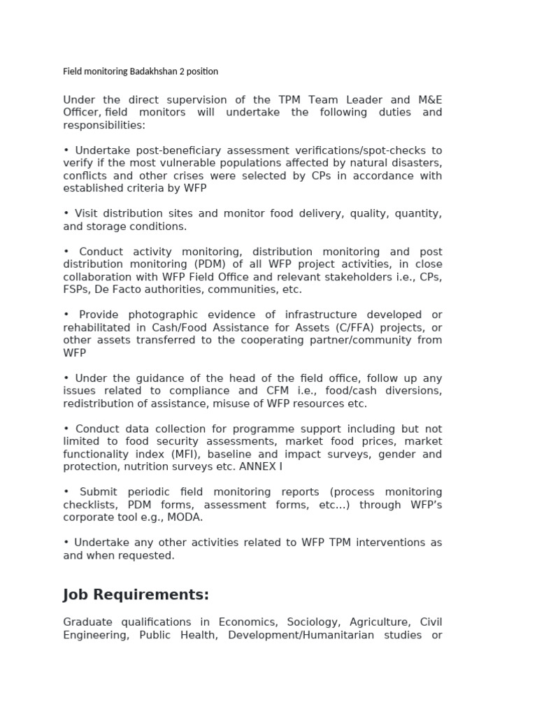 Field Monitoring Badakhshan 2 Position | PDF | Wash | Warehouse