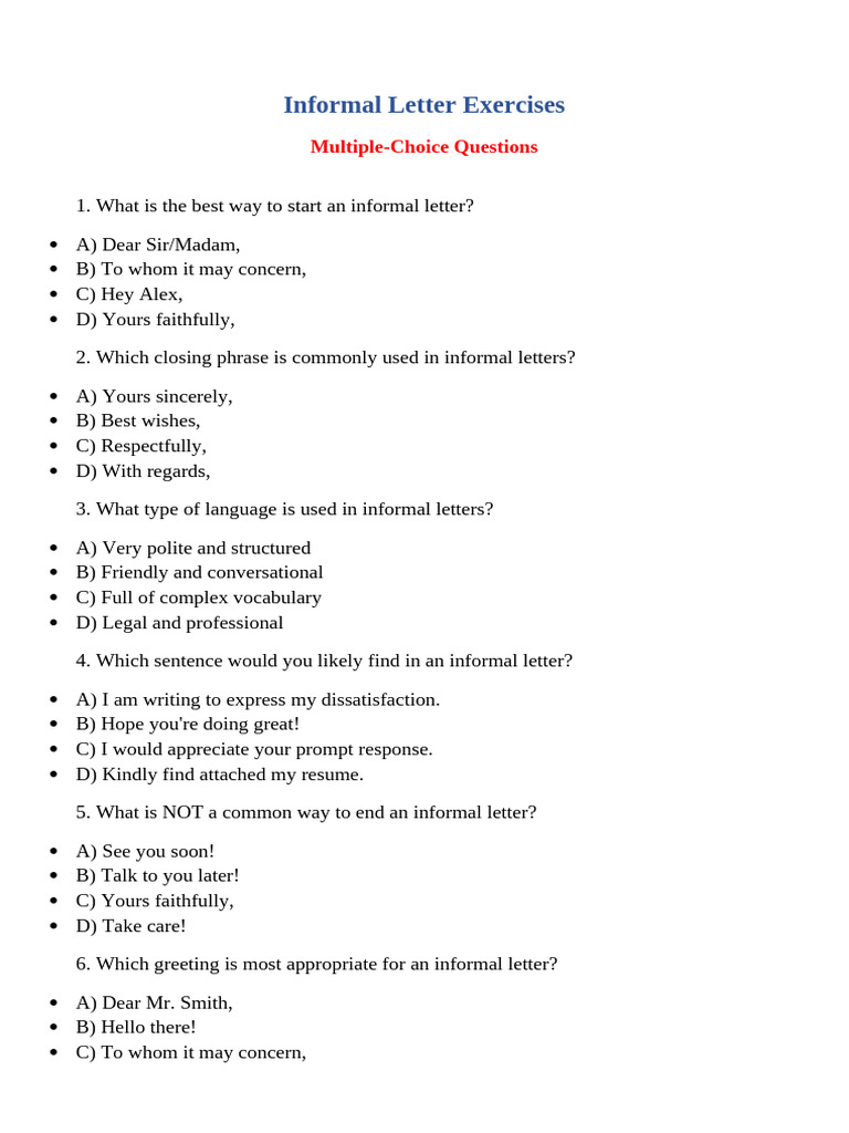 Informal Letter Writing Exercises | PDF