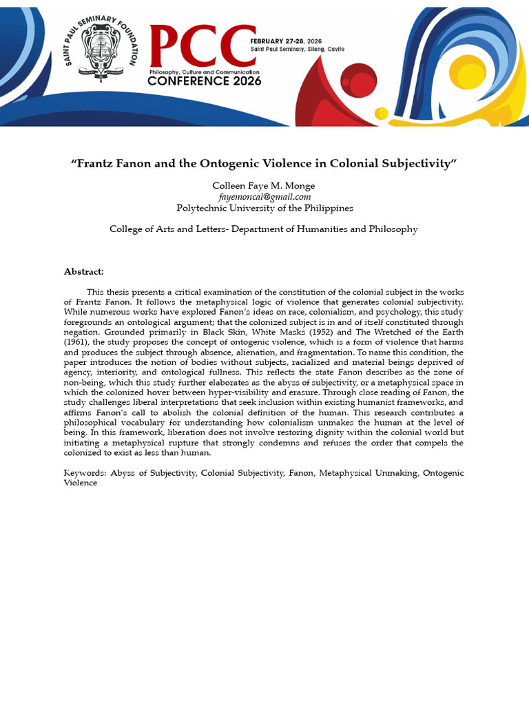 5THPCC2026 - "Frantz Fanon and The Ontogenic Violence in Colonial ...