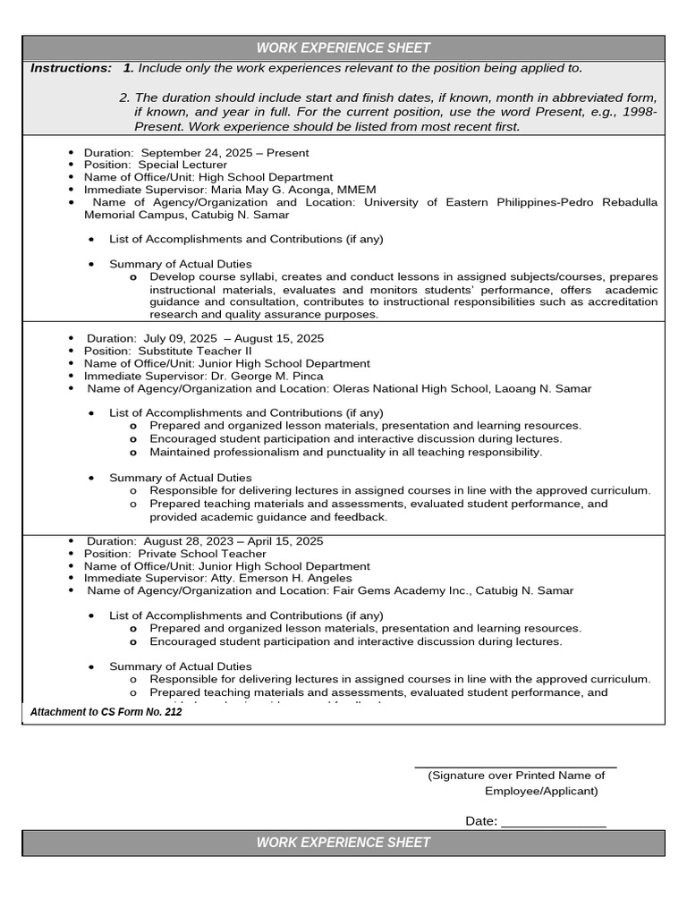 CS Form No. 212 Attachment - Work Experience Sheet (1) - 064753 | PDF ...