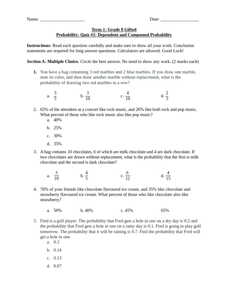 Grade 8 Probability Quiz 2 | PDF