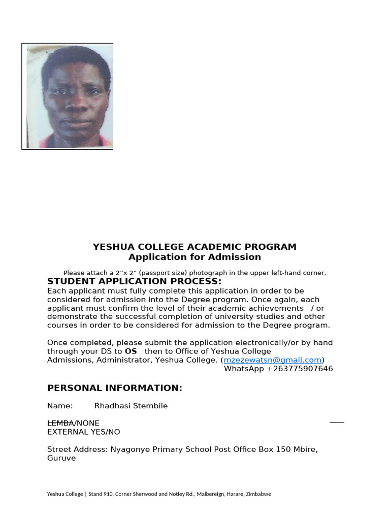 Yeshua College Application Form For Radhasi Stembile | PDF | Sermon