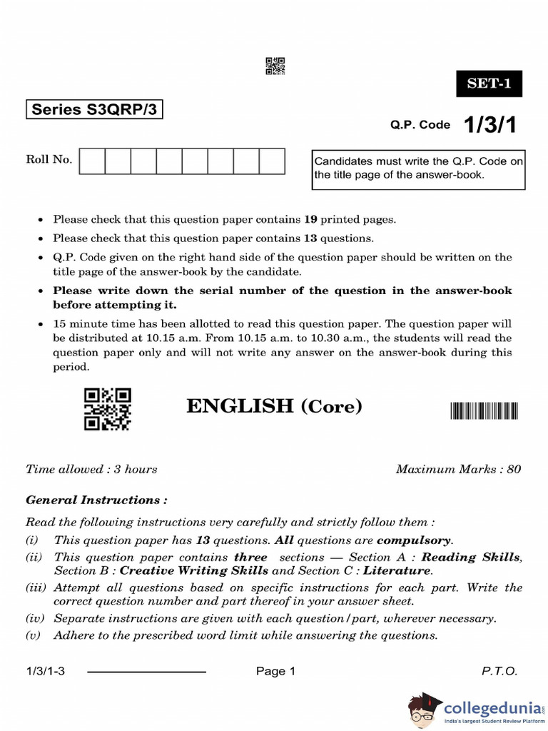 CBSE Class 12 English Question Paper 2024 Set 1 1 3 1 | PDF