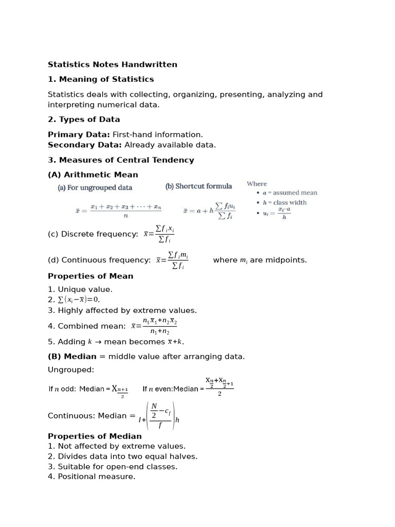 Statistics Notes Handwritten | PDF | Mean | Mathematical Analysis