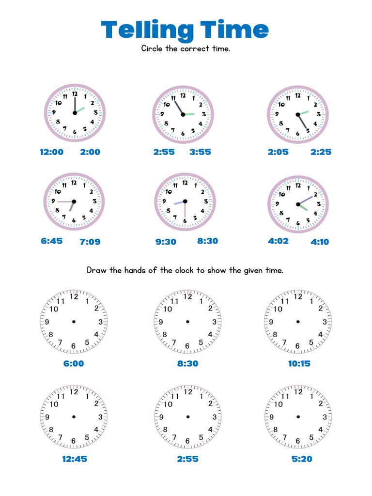 Blue and Violet Telling Time Math Worksheet | PDF