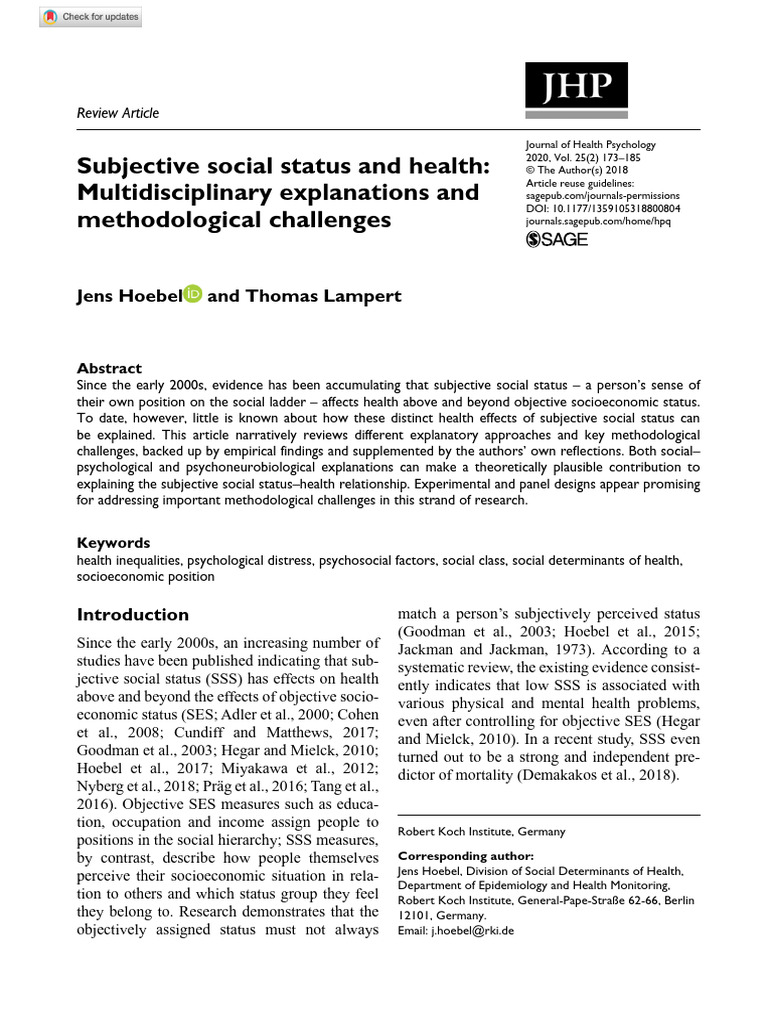 Hoebel Lampert 2018 Subjective Social Status and Health ...