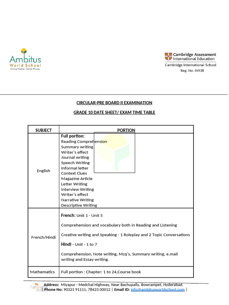 Grade 10 Pre-Board II Exam Timetable | PDF | Computing