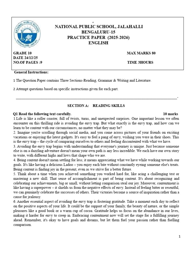 Grade 10 English Practice Paper 2025-2026 | PDF | Sneakers | Footwear