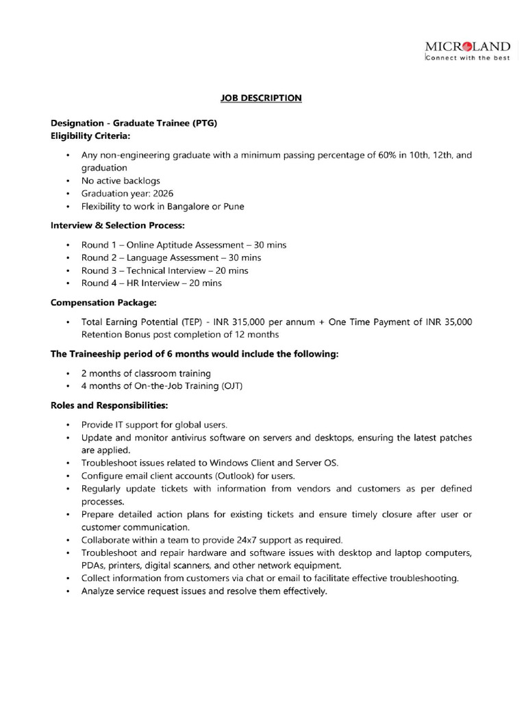 JD & FAQ'S_Graduate Trainee_PTG | PDF