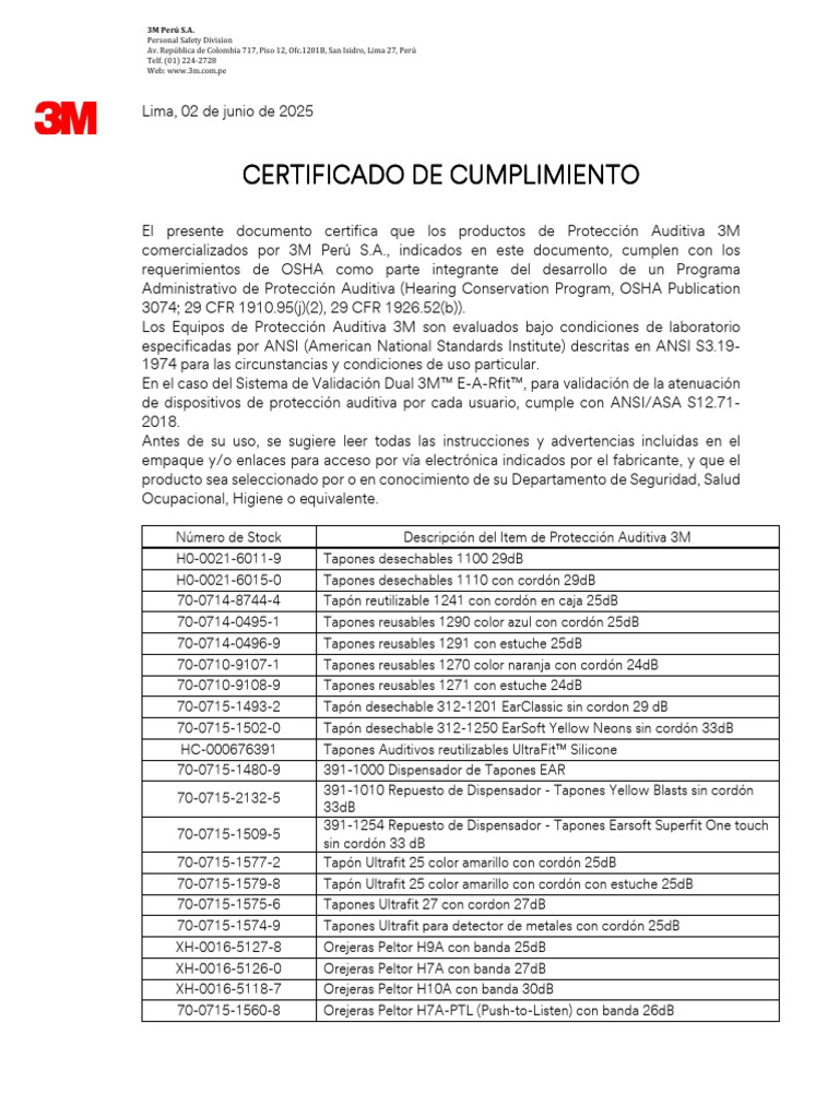 Certificado de Cumplimiento Prot. Auditiva (02.06.2025) | PDF | Lugar de trabajo | Sonido